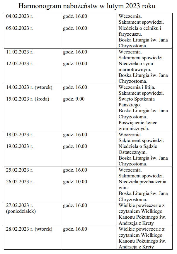 Parafia Prawosławna pw. Zwiastowania Najświętszej Maryi Bogarodzicy w Malczycach » Harmonogram ...